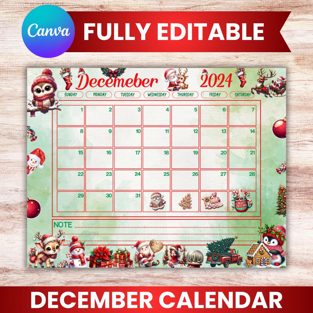 Editable December 2024 Calendar, Printable December Calendar, Christmas ...