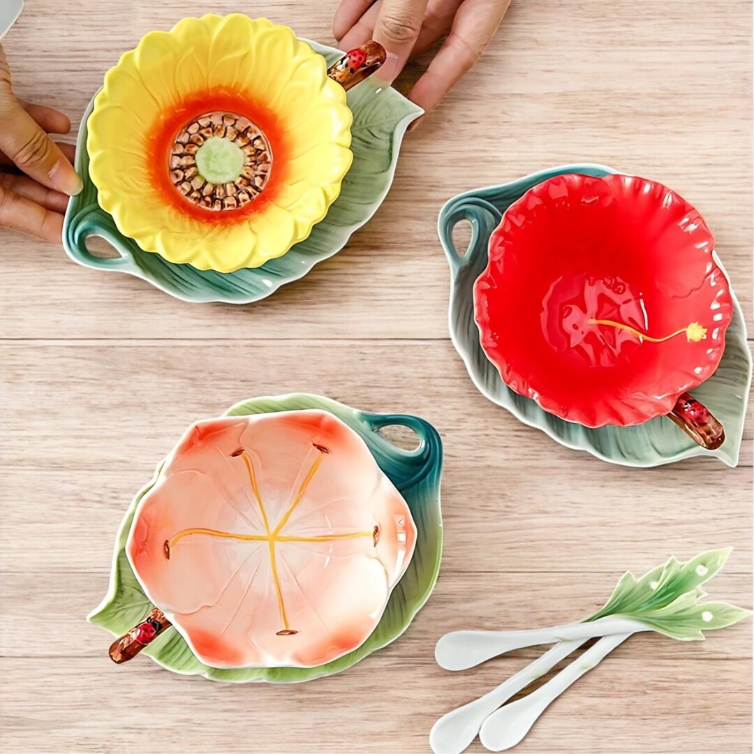 Cute Flower Shaped Cups With Leaf Saucers, Unique Flower Coffee and Tea ...