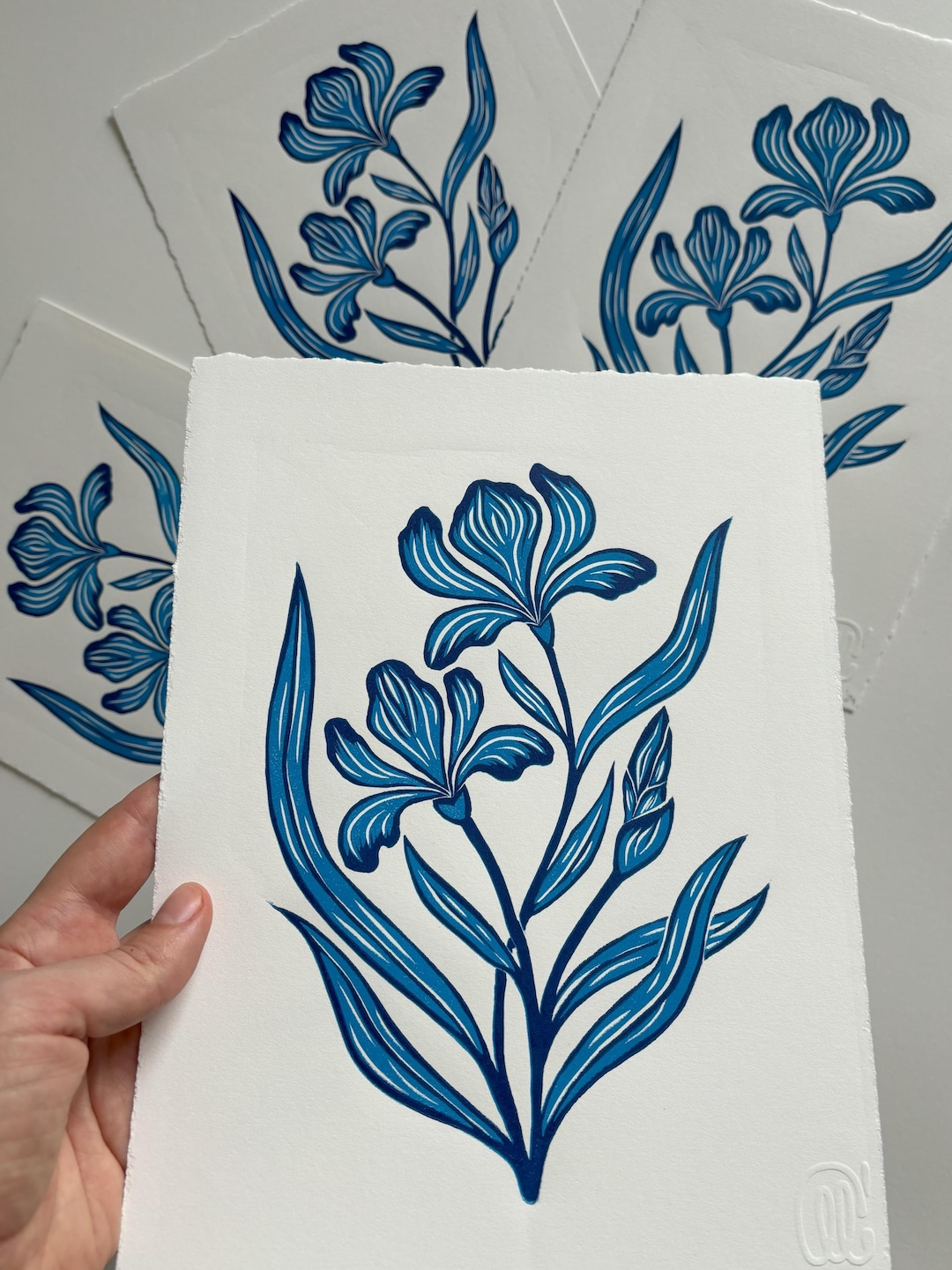 BLUE IRIS Reduction Linocut Print Wall Art Decor, Indigo Refined ...