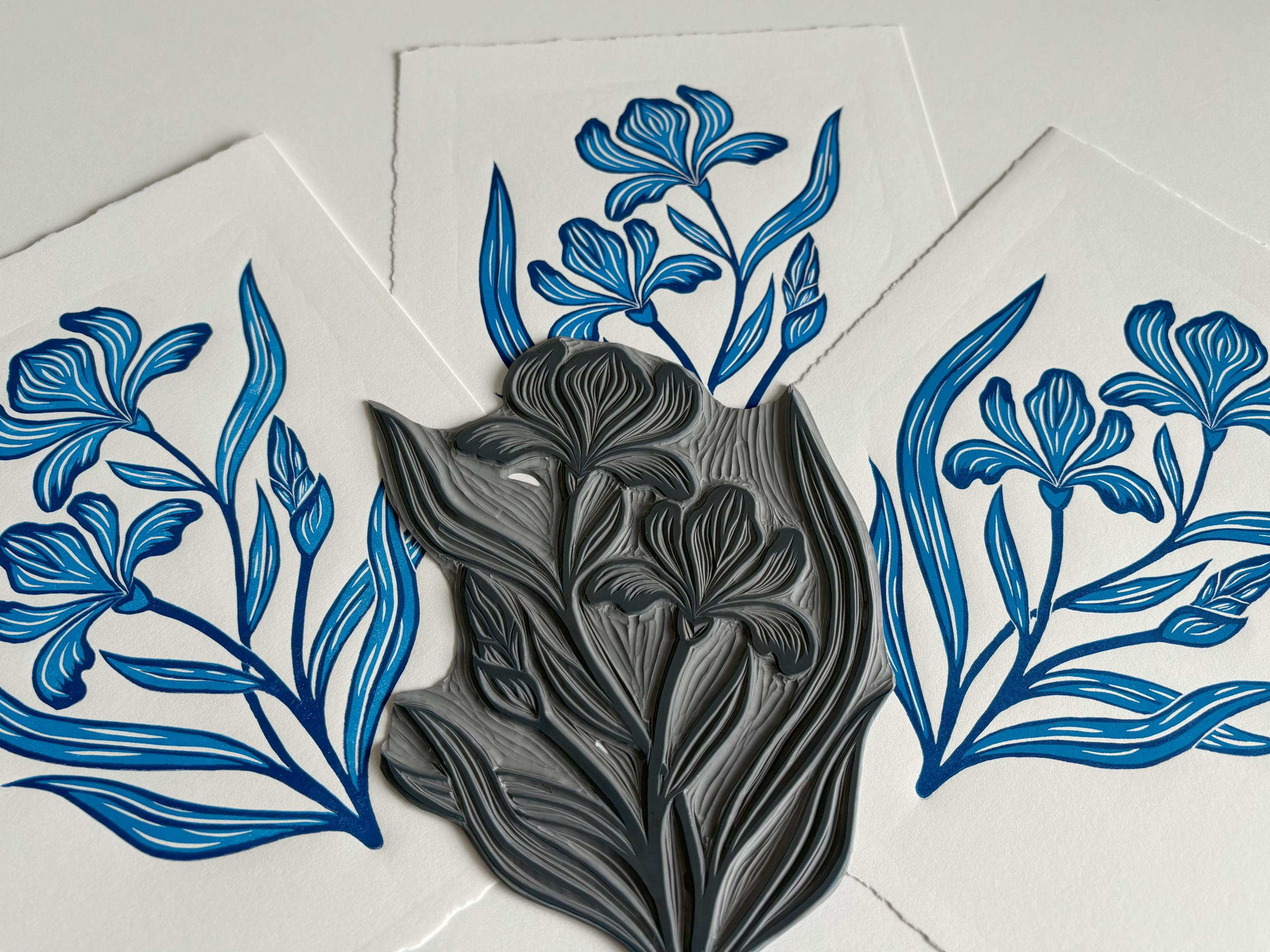 BLUE IRIS Reduction Linocut Print Wall Art Decor, Indigo Refined ...