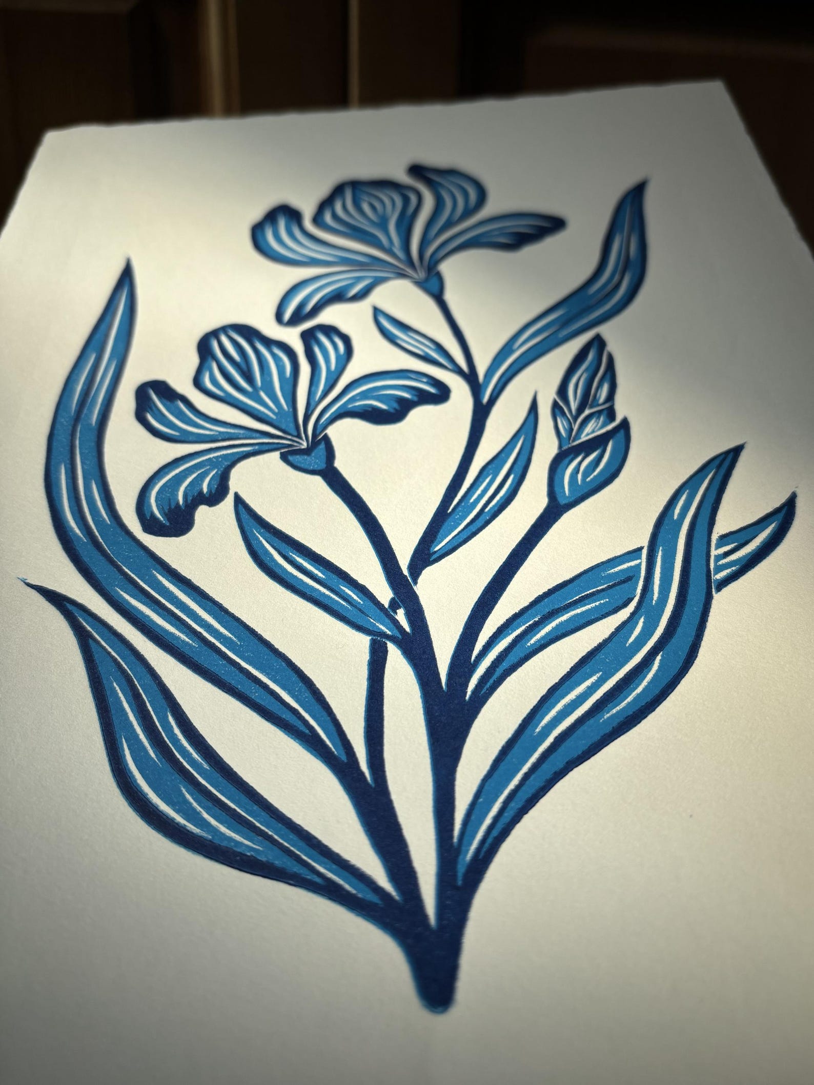 BLUE IRIS Reduction Linocut Print Wall Art Decor, Indigo Refined ...