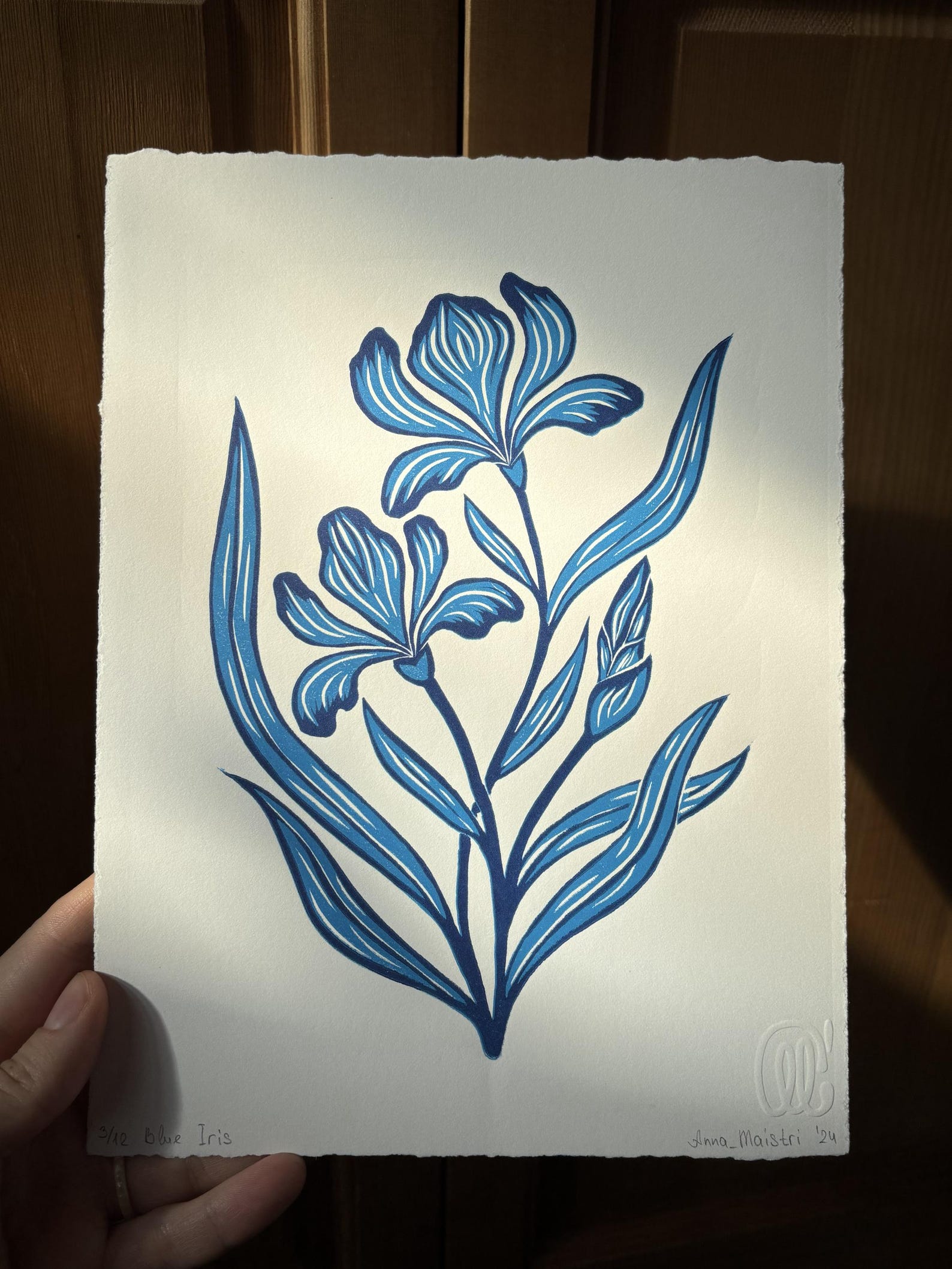 BLUE IRIS Reduction Linocut Print Wall Art Decor, Indigo Refined ...