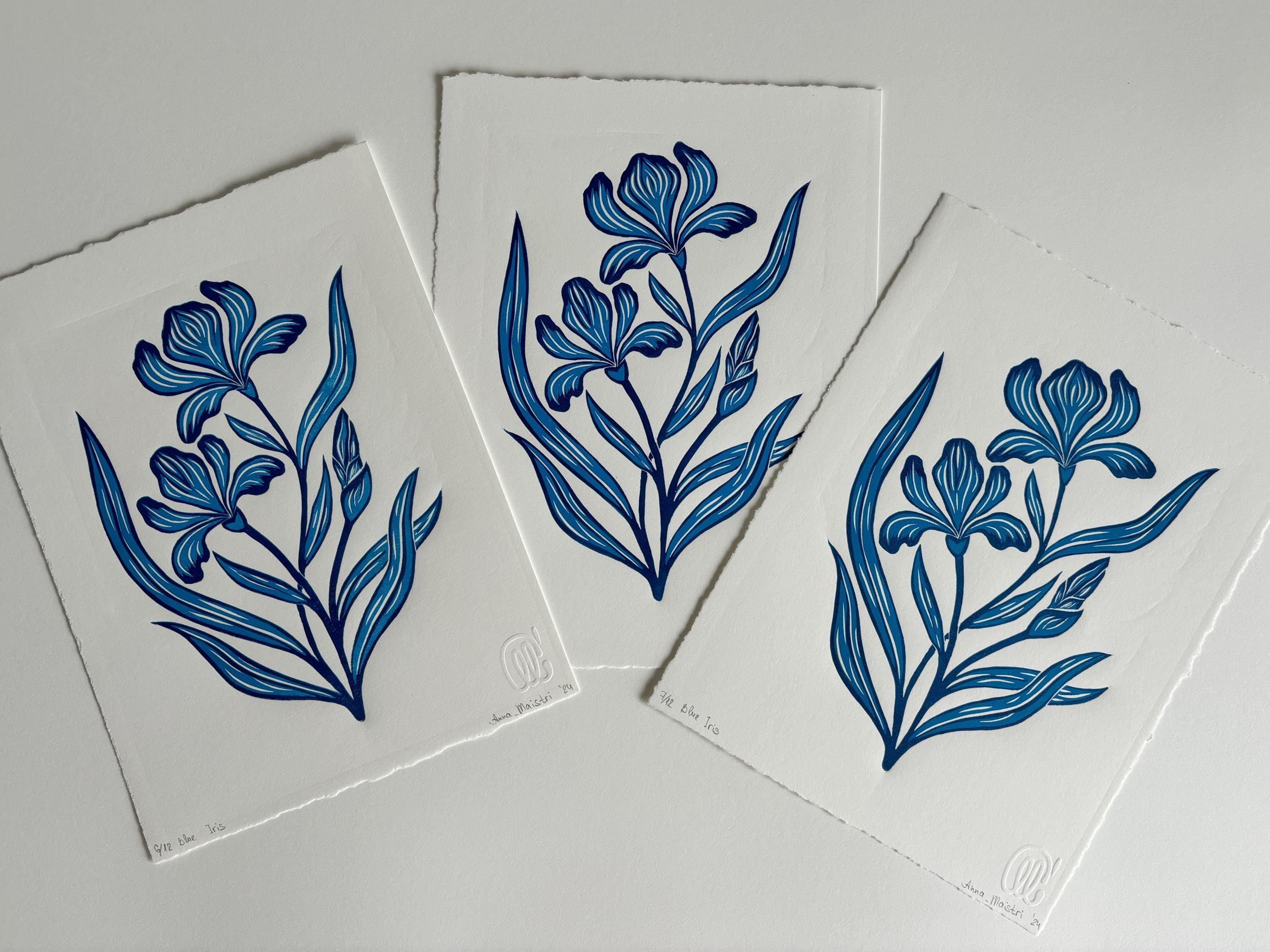 BLUE IRIS Reduction Linocut Print Wall Art Decor, Indigo Refined ...