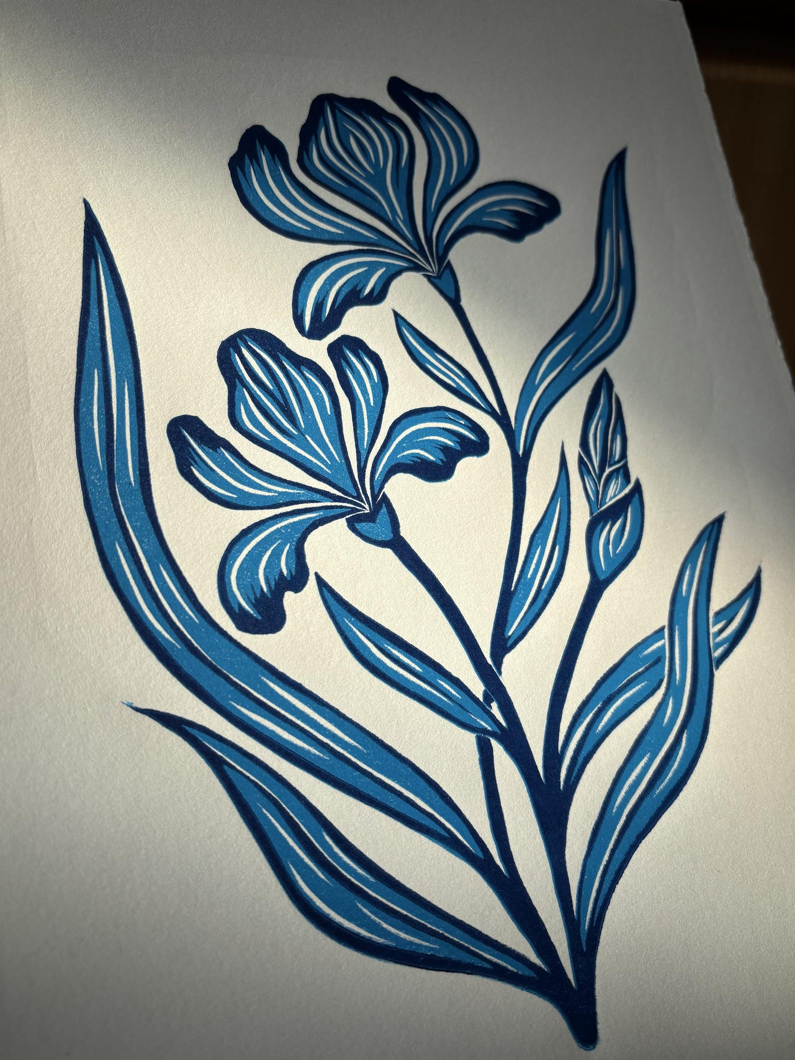 BLUE IRIS Reduction Linocut Print Wall Art Decor, Indigo Refined ...