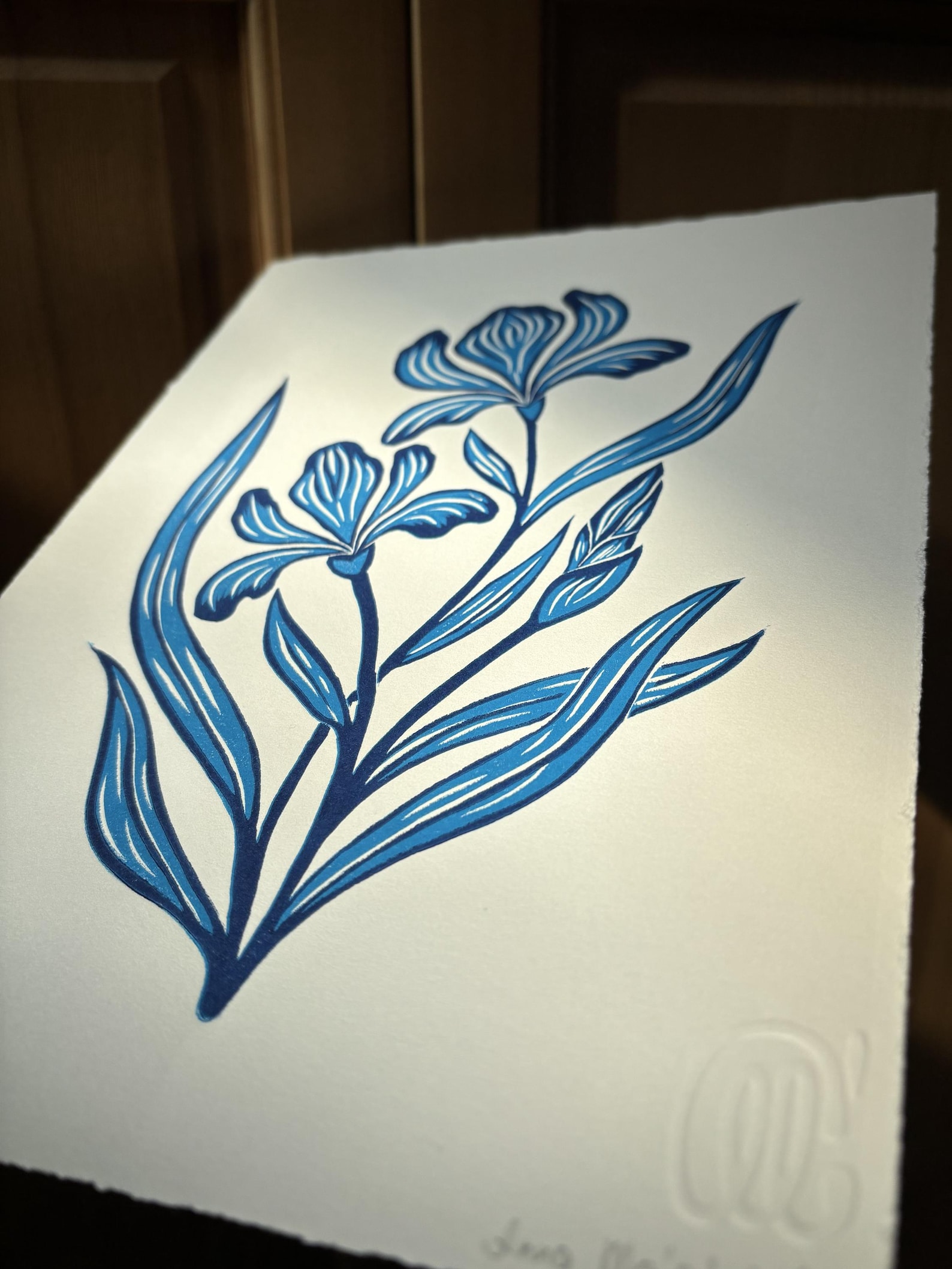 BLUE IRIS Reduction Linocut Print Wall Art Decor, Indigo Refined ...