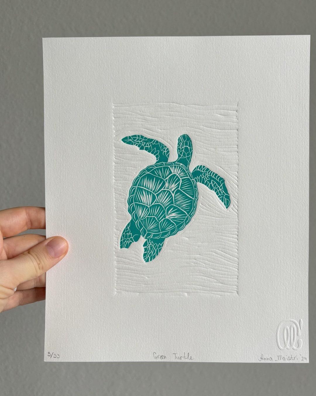 Green Sea Turtle Handmade Print Linocut Embossed Teal Wall Art Hawaiian ...