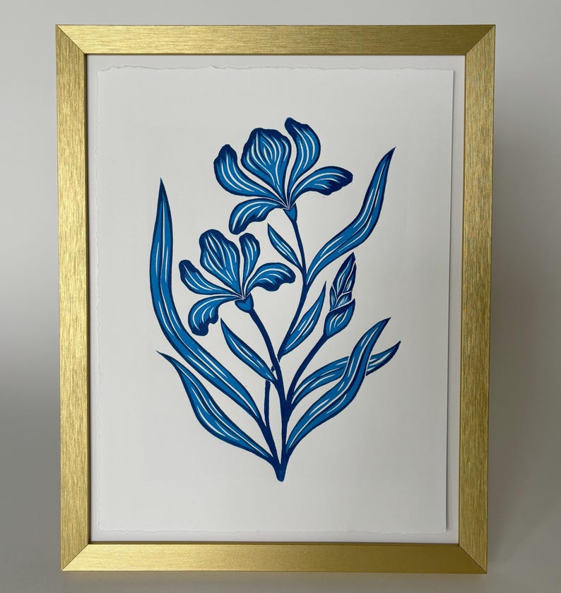 BLUE IRIS Reduction Linocut Print Wall Art Decor - Etsy