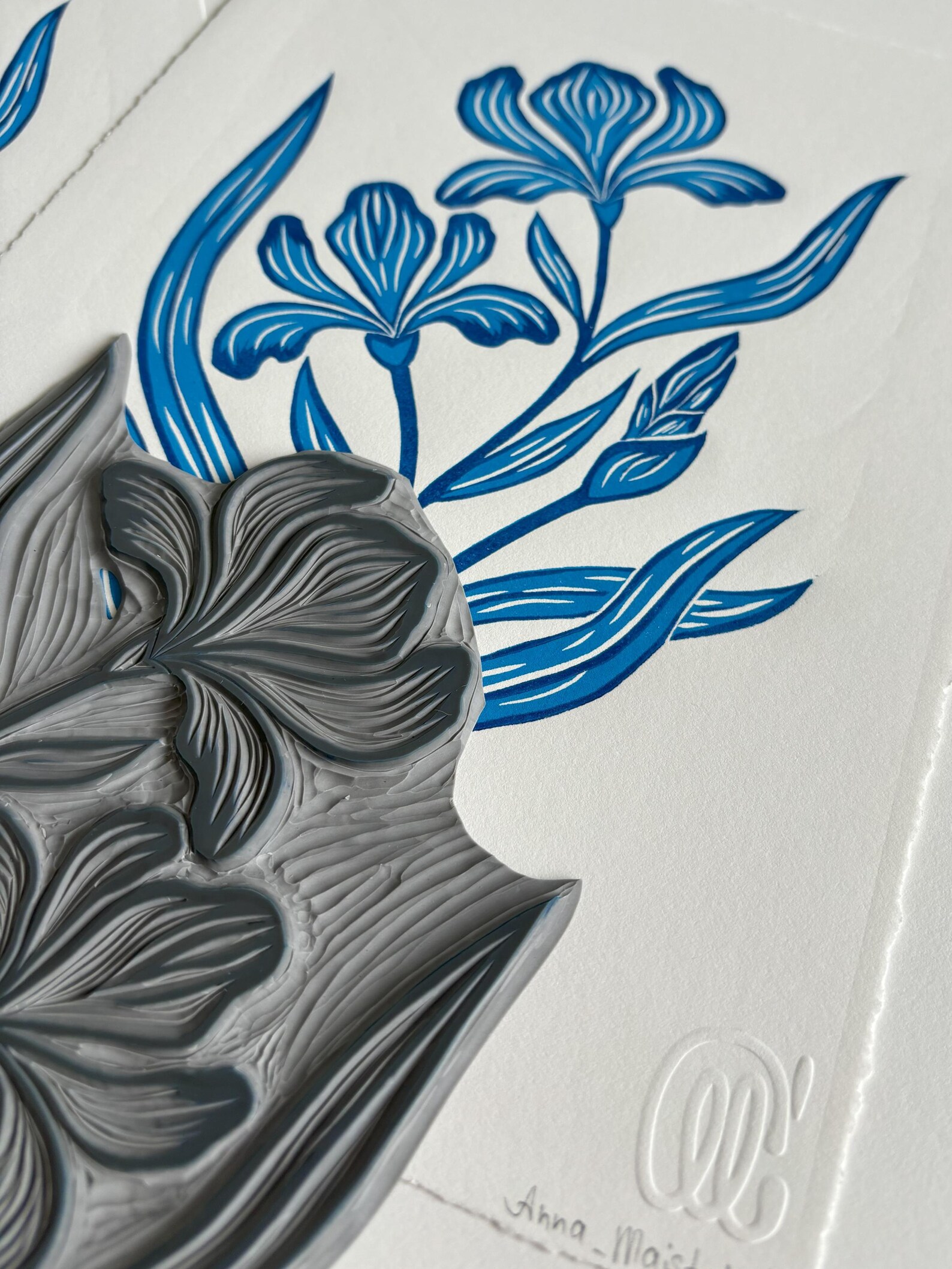 BLUE IRIS Reduction Linocut Print Wall Art Decor, Indigo Refined ...
