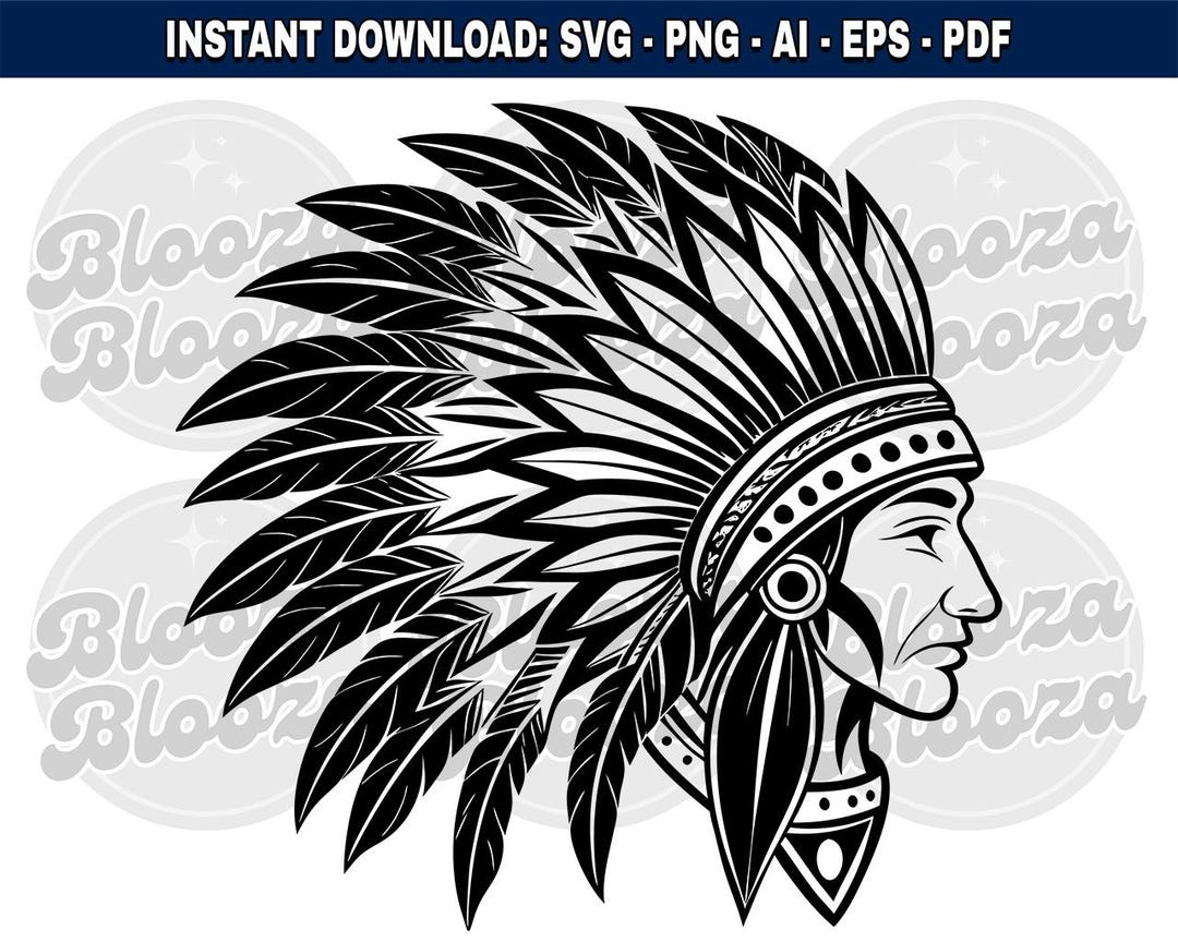 Native American Indian Chief Feather Headdress Black Instant Clipart ...