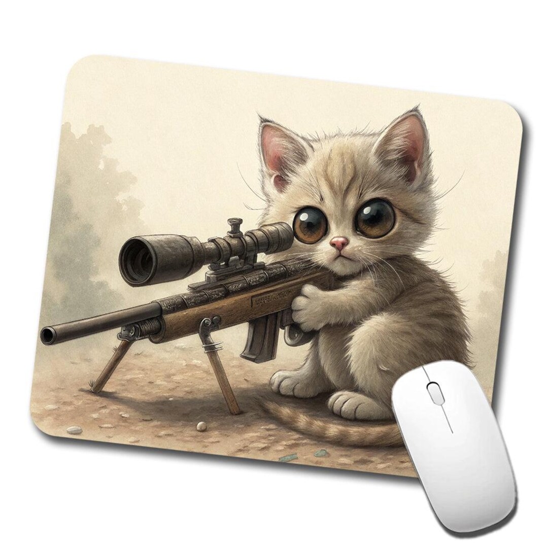 Small Fuzzy Cat Kitten With A Sniper Rifle Funny Low Profile Mouse Pad ...