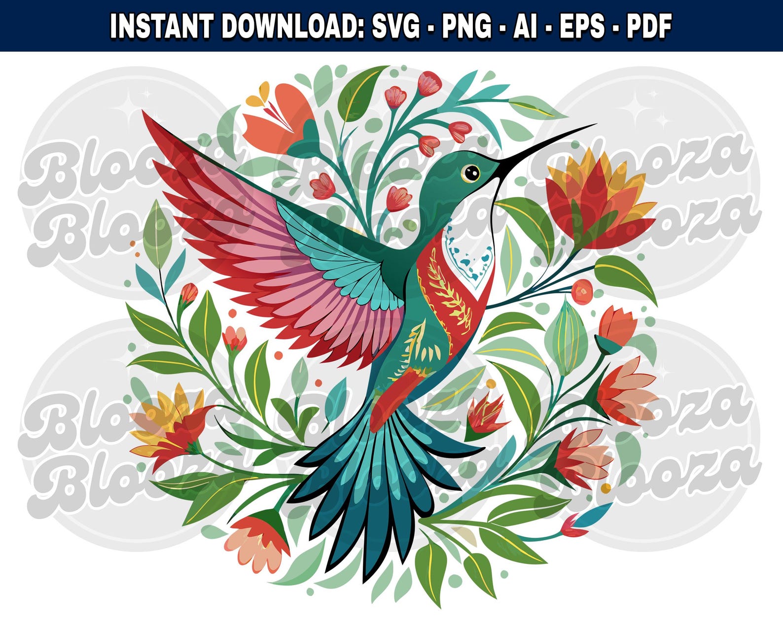 Hummingbird Floral Motif Instant Clipart Download Design SVG PNG EPS ...