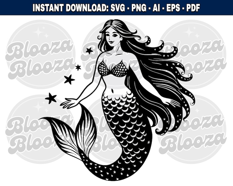 Mermaid Black Beautiful Instant Clipart Download Design SVG PNG EPS Pdf ...