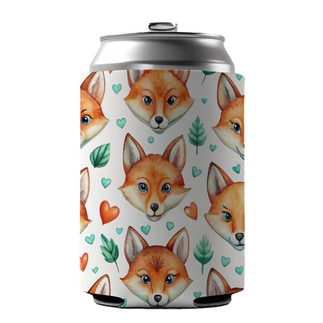 Fox Faces Hearts Watercolor Can Cooler Beer Soda Drink Insulated Holder ...