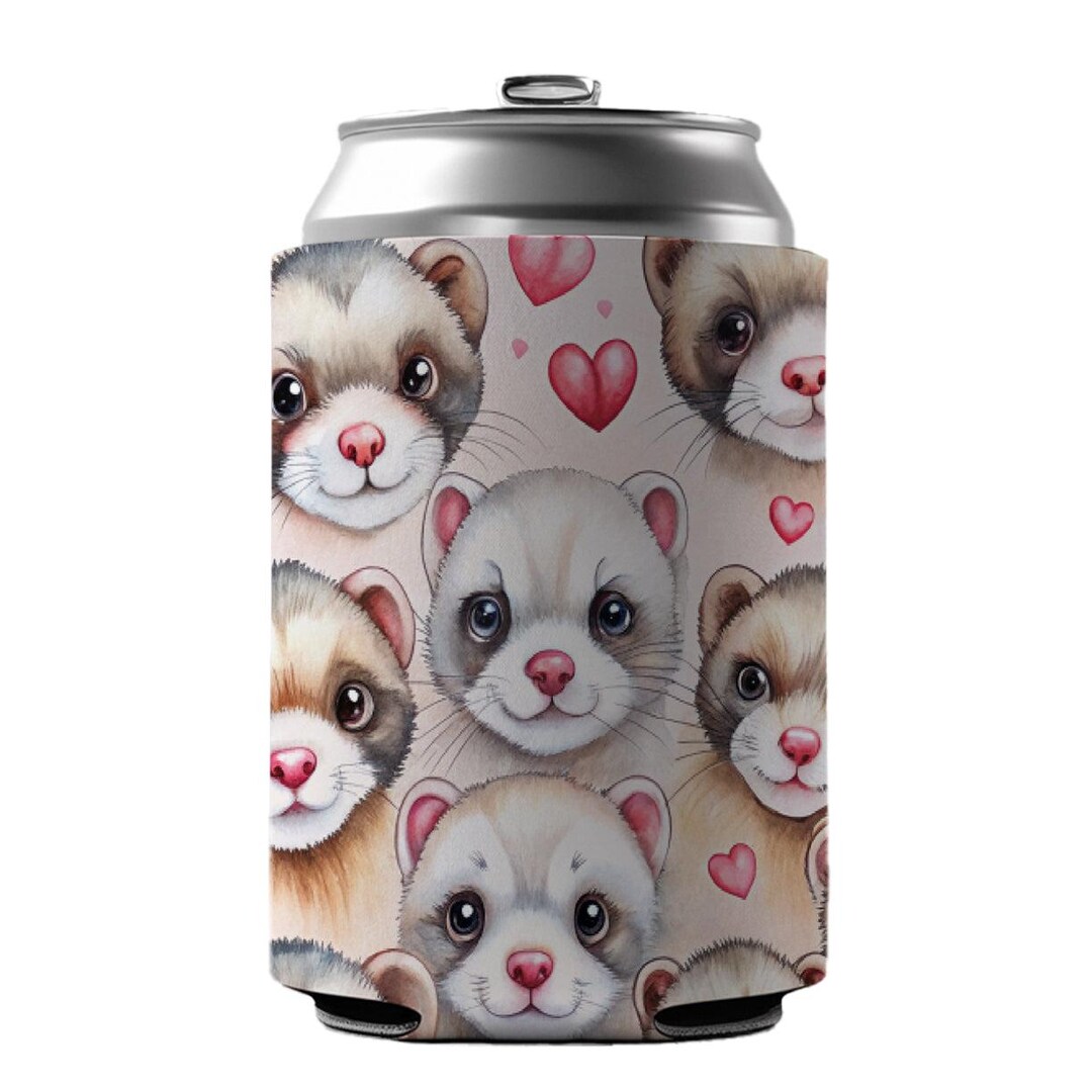 Cute Ferret Faces Hearts Watercolor Can Cooler Beer Soda Drink ...