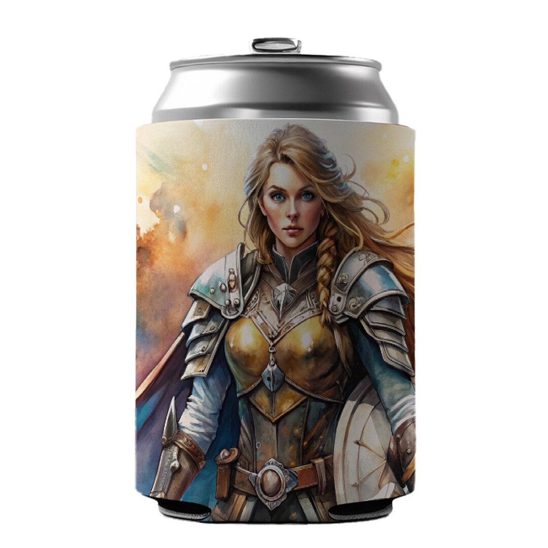 Fantasy Female Warrior Paladin Watercolor Can Cooler Beer Soda Drink ...