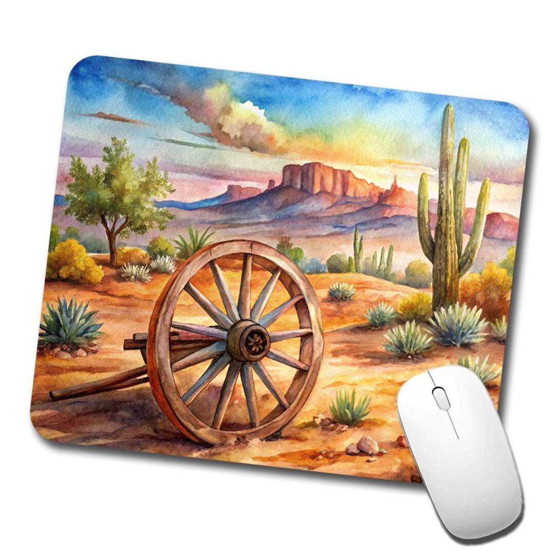 Southwest Desert With Abandoned Wagon Wheel Watercolor Low Profile ...