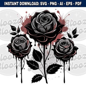 Gothic Black Roses Watercolor Instant Clipart Download Design SVG PNG ...