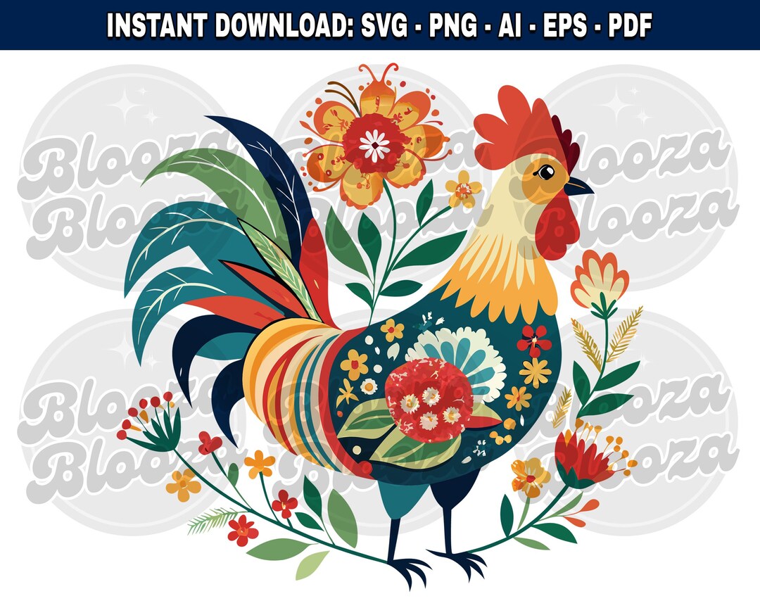 Rooster Chicken Floral Flowers Motif Colorful Instant Clipart Download ...