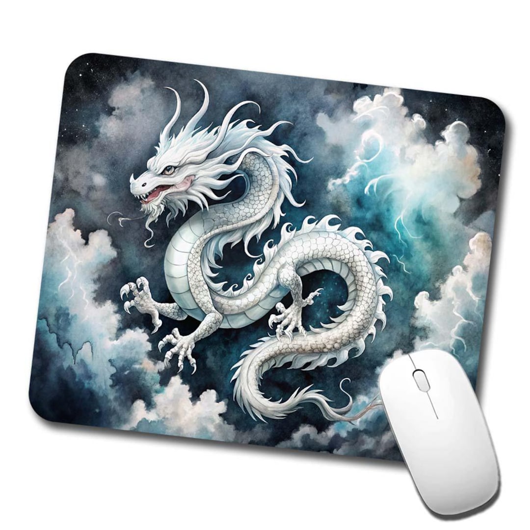 White Asian Dragon on Black Watercolor Low Profile Mouse Pad Mat - Etsy