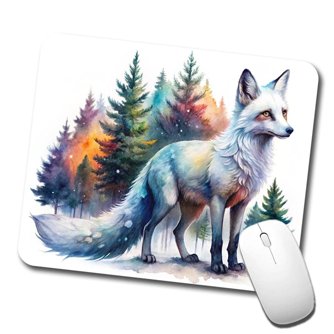 Kitsune White Fox Asian Japanese in Forest Watercolor Low Profile Mouse ...