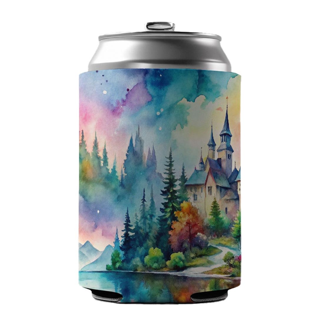 Fantasy Lake and Castle Scene Watercolor Can Cooler Beer Soda Drink ...