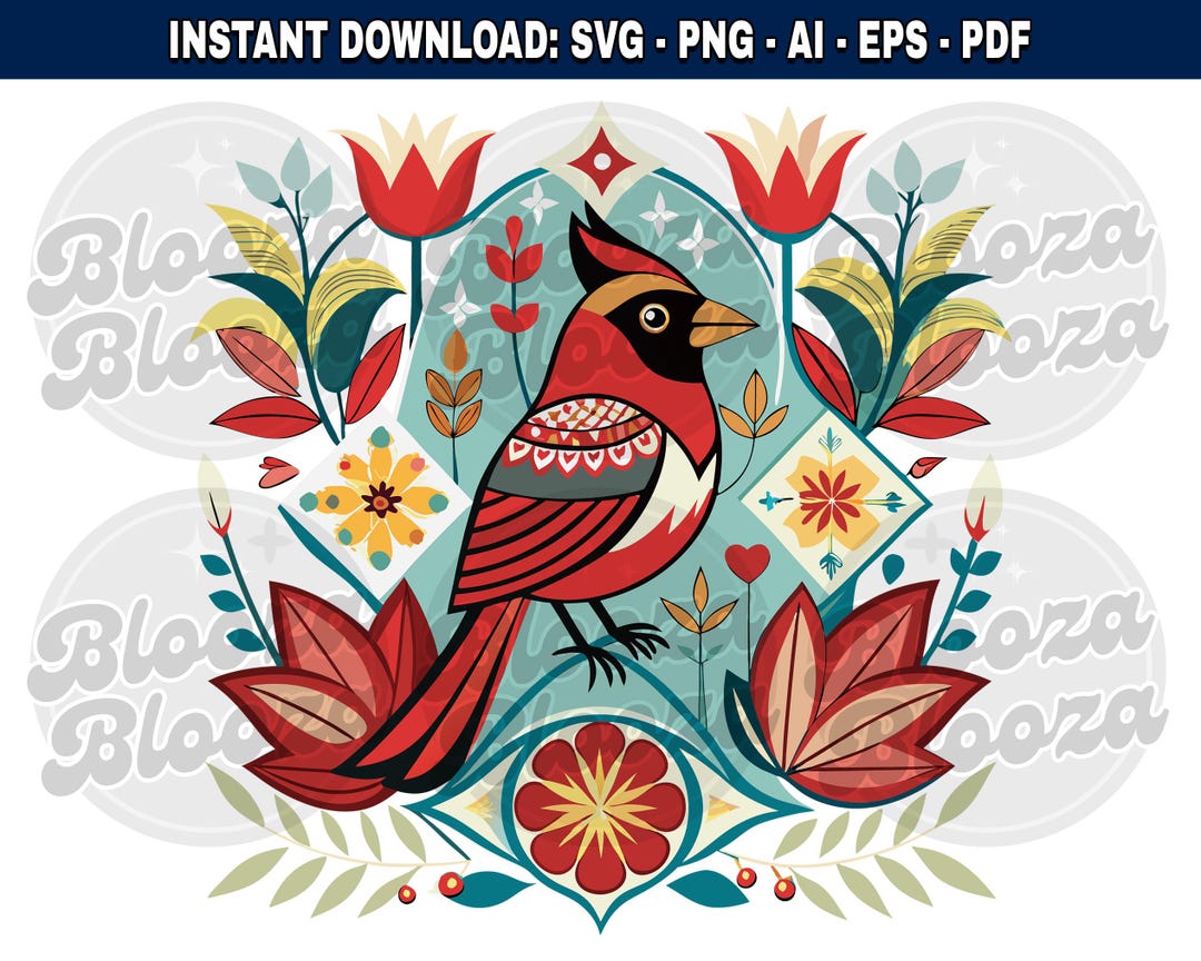 Cardinal Bird Floral Motif Instant Clipart Download Design SVG PNG EPS ...