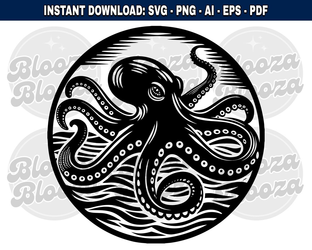 Octopus Swimming Ocean Circle Black Instant Clipart Download Design SVG ...