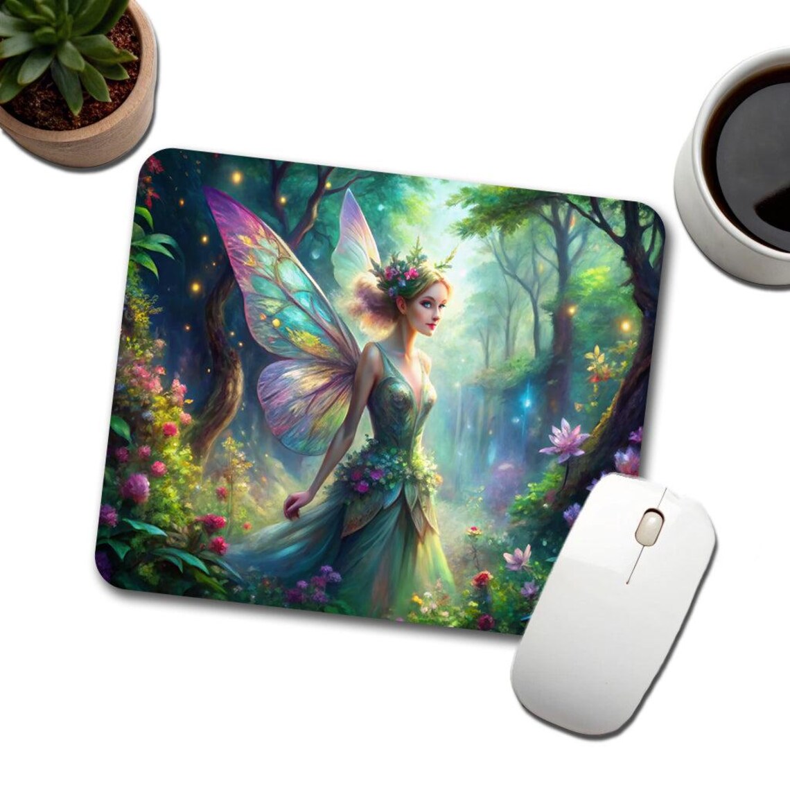 Pixie Fairy Forest Fantasy Watercolor Design Low Profile Mouse Pad Mat ...