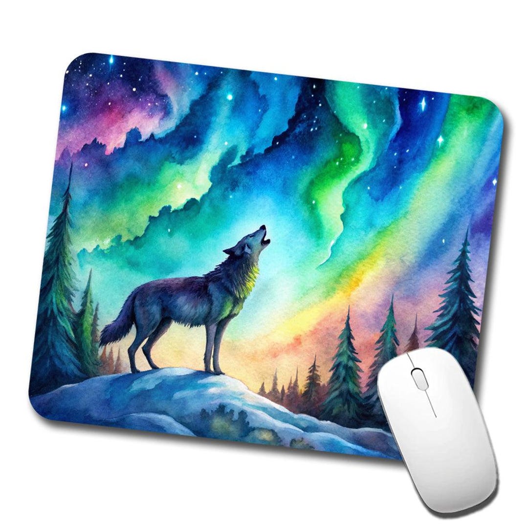 Howling Wolf and Northern Lights Watercolor Low Profile Mouse Pad Mat ...