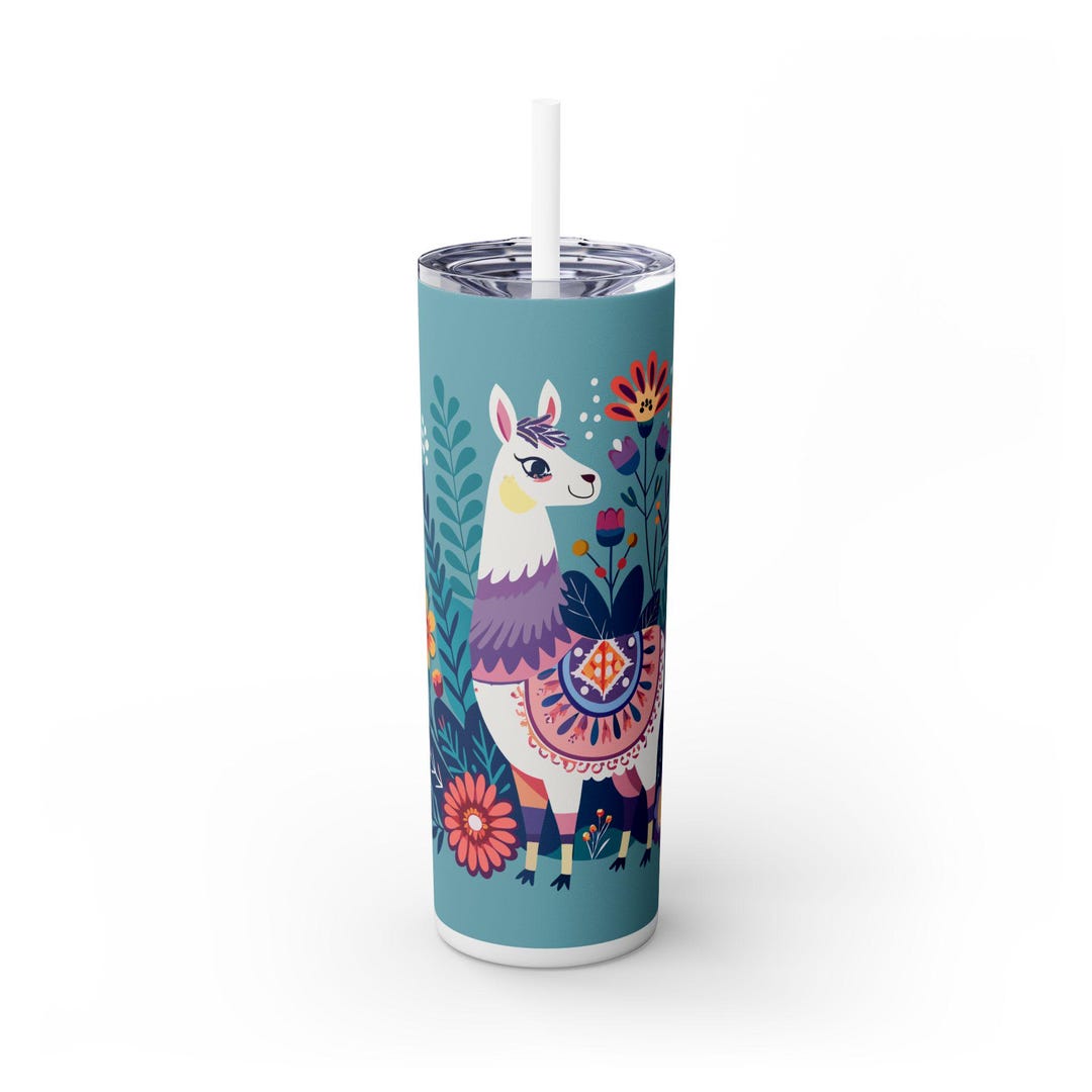 Llama Alpaca Floral Flowers Skinny Tumbler 20oz With Straw Insulated ...