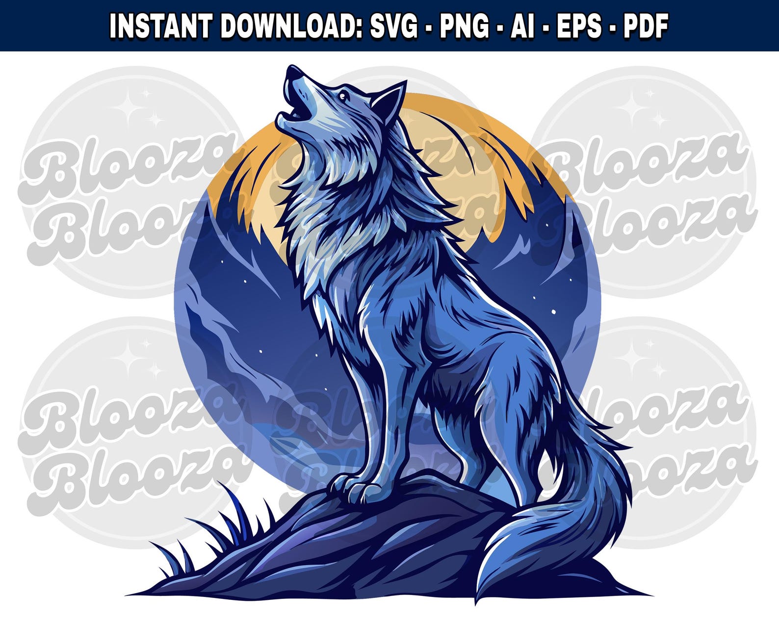 Wolf Howling at Moon Blues Instant Clipart Download Design SVG PNG EPS ...