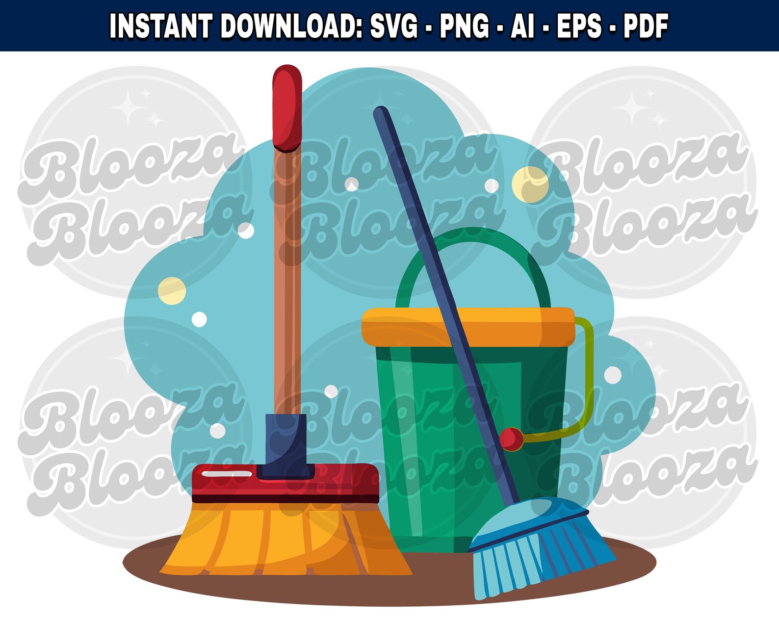 Mop Broom Bucket Cleaning Color Instant Clipart Download Design SVG PNG ...