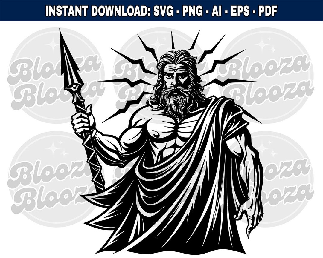 Greek God Zeus With Lightning Mythology Black Instant Clipart Download ...