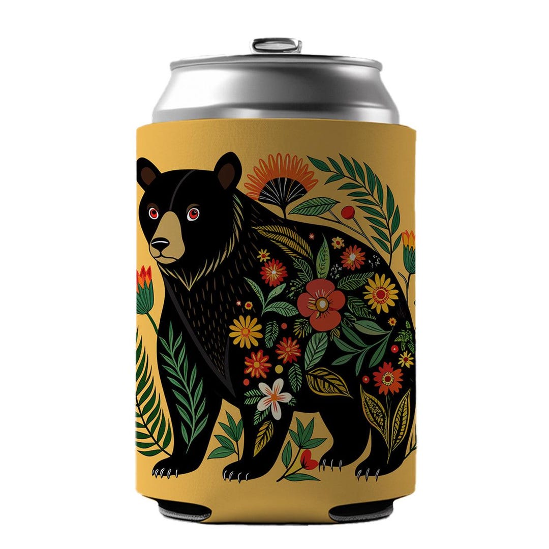 Black Bear Floral Motif Can Cooler Beer Soda Drink Insulated Holder ...