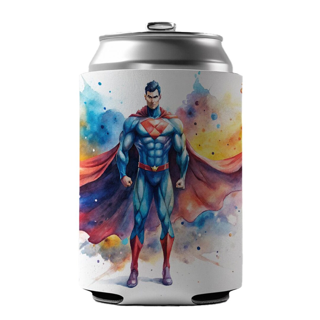 Classic Caped Superhero Watercolor Can Cooler Beer Soda Drink Insulated ...