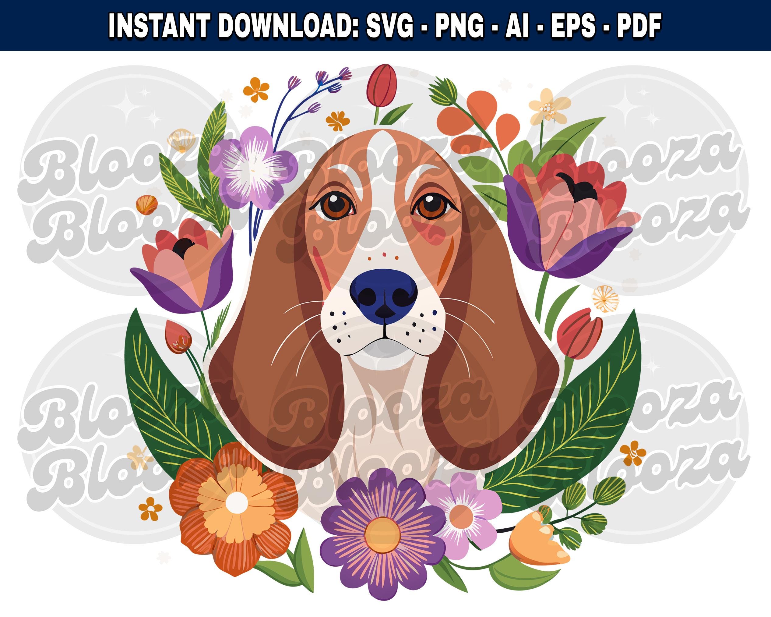 Basset Hound Dog Floral Flowers Instant Clipart Download Design SVG PNG ...