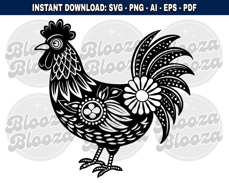 Chicken Floral Motif Black Instant Clipart Download Design SVG PNG EPS ...