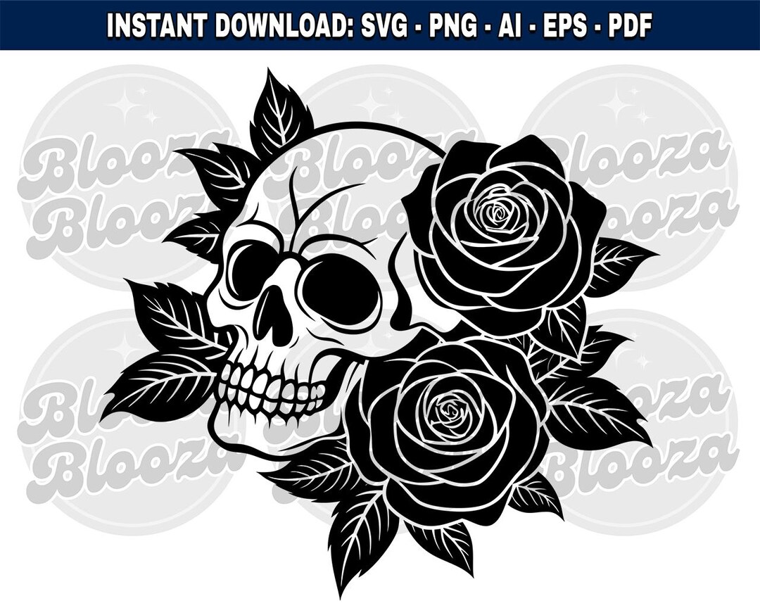 Skull Roses Tattoo Black Instant Clipart Download Design SVG PNG EPS ...