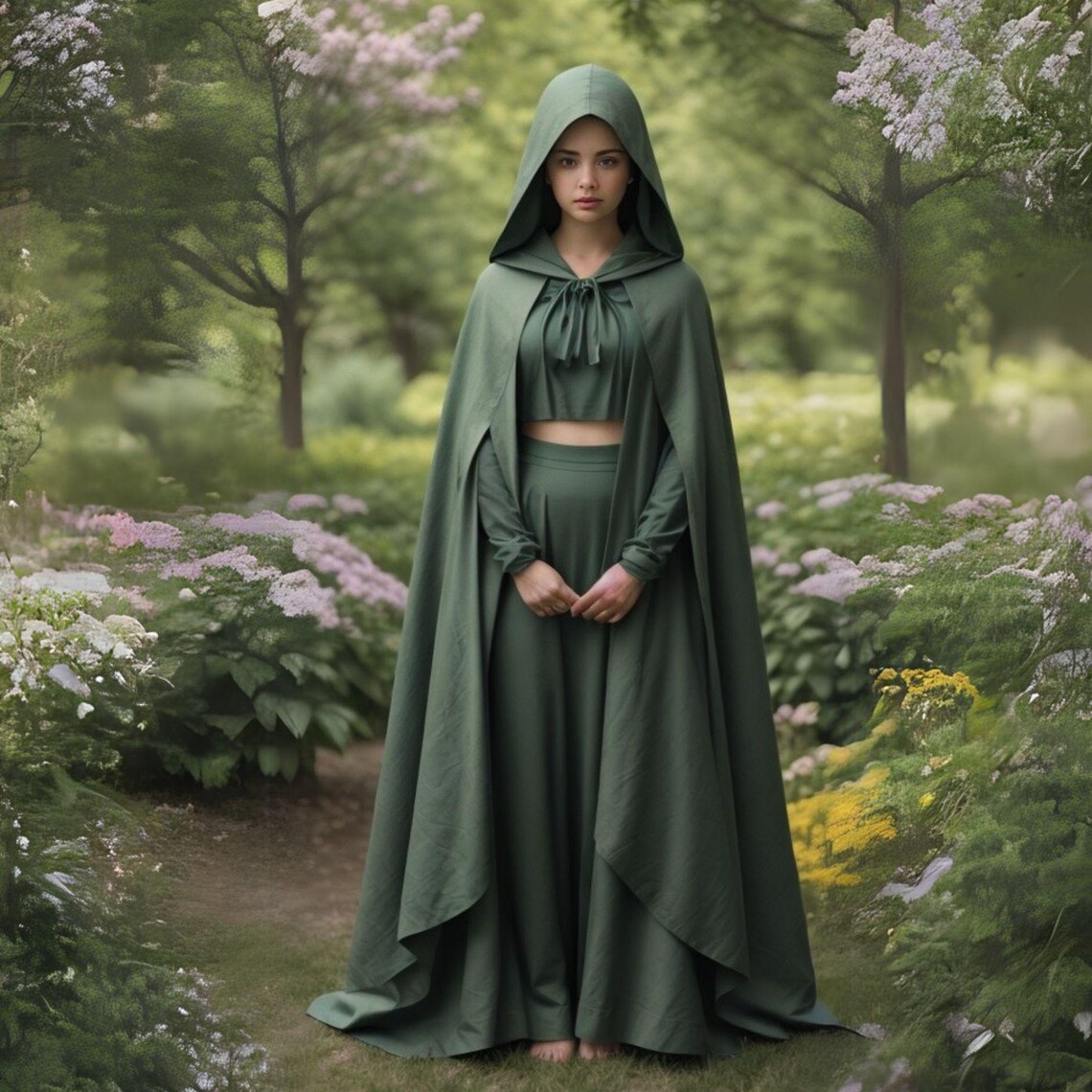 Mysterious Enchantress Hooded Cape Set | Forest Wanderer Green Cloak ...