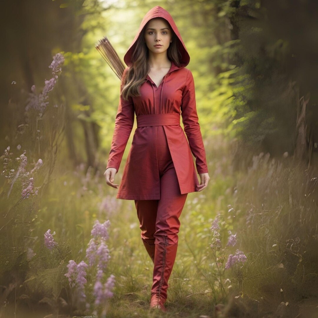 Women’s Hooded Archer Costume | Deep Red Tailored Set With Cinched ...