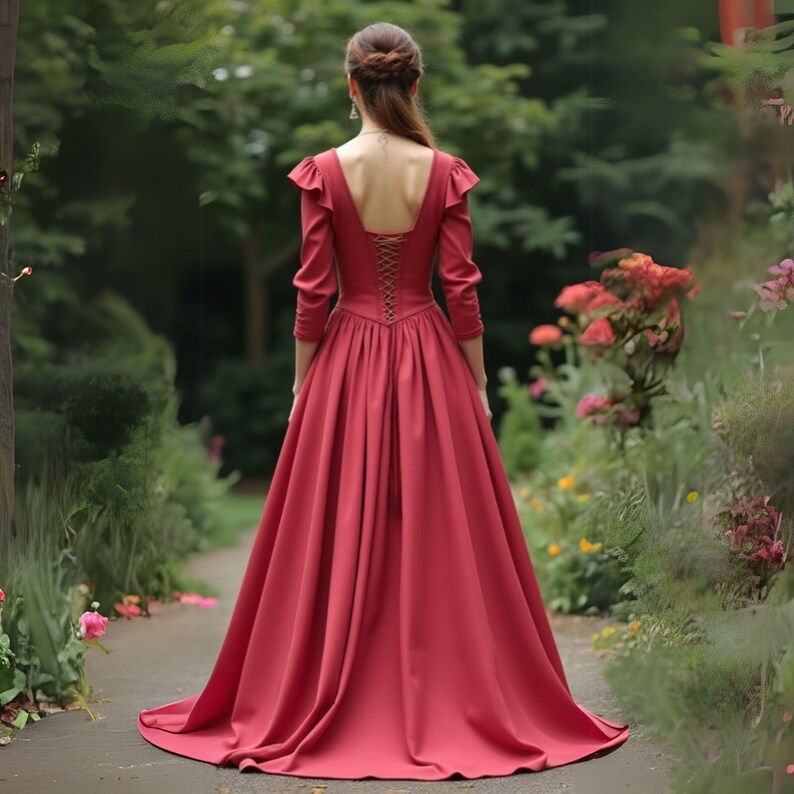 Red Renaissance Gown, Medieval Corset Dress, Ruffle Sleeve Maxi, Open ...