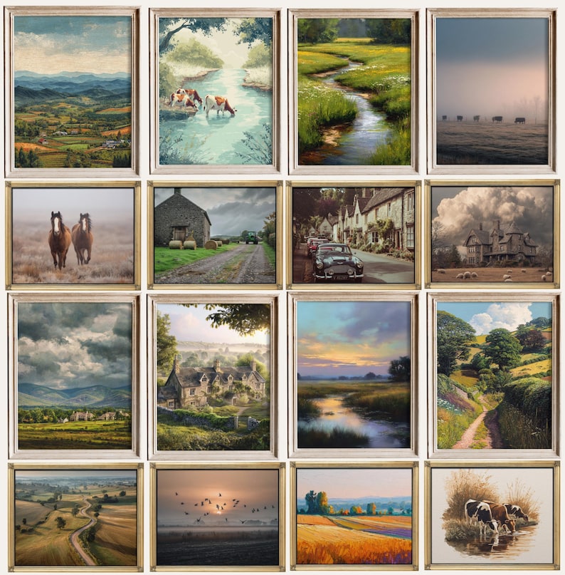 Vintage Farmhouse Landscape Art Prints | Rustic Countryside (digital ...
