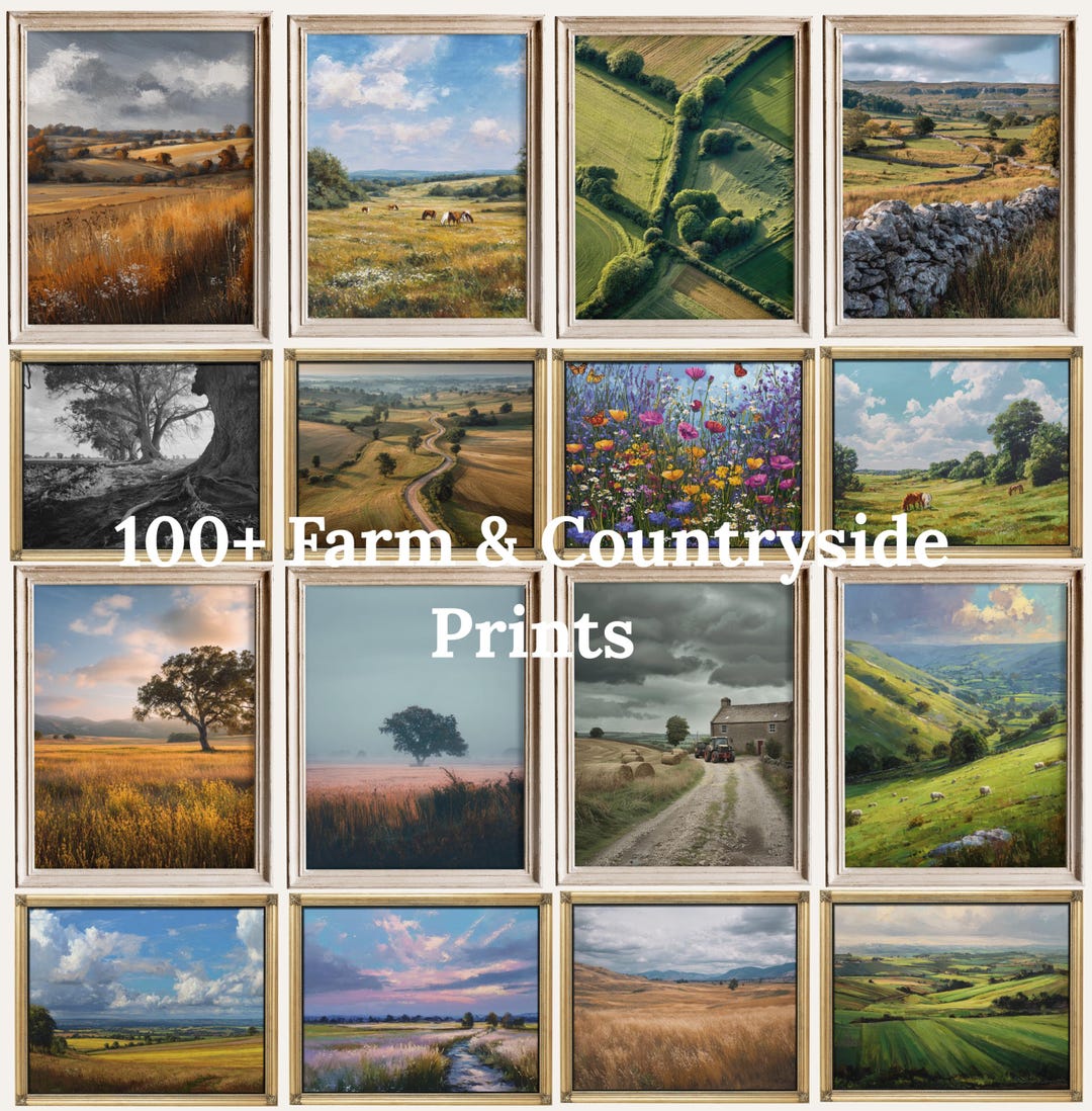 Vintage Farmhouse Landscape Art Prints | Rustic Countryside (digital ...