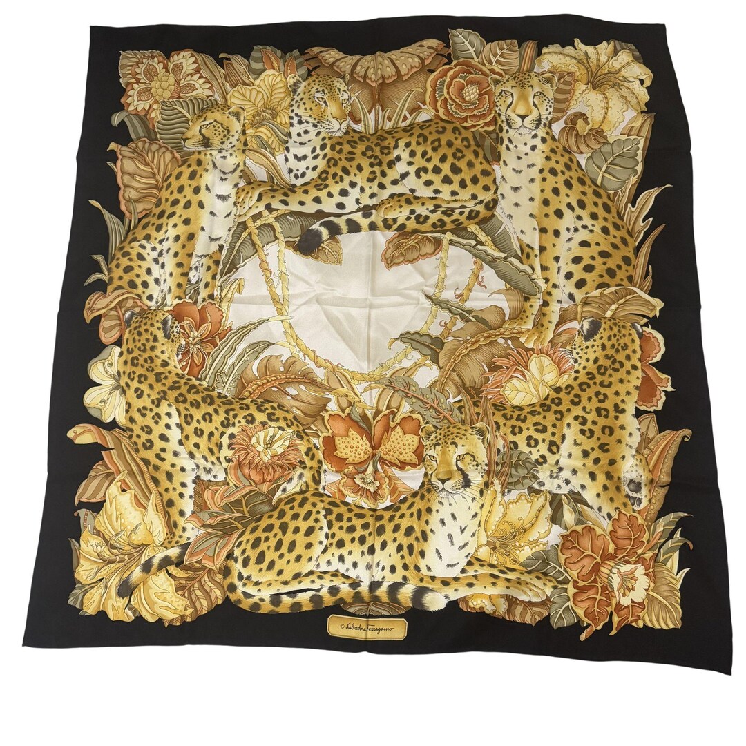 Vintage Salvatore Ferragamo Leopard Print Floral Silk Scarf 34” X 34 ...