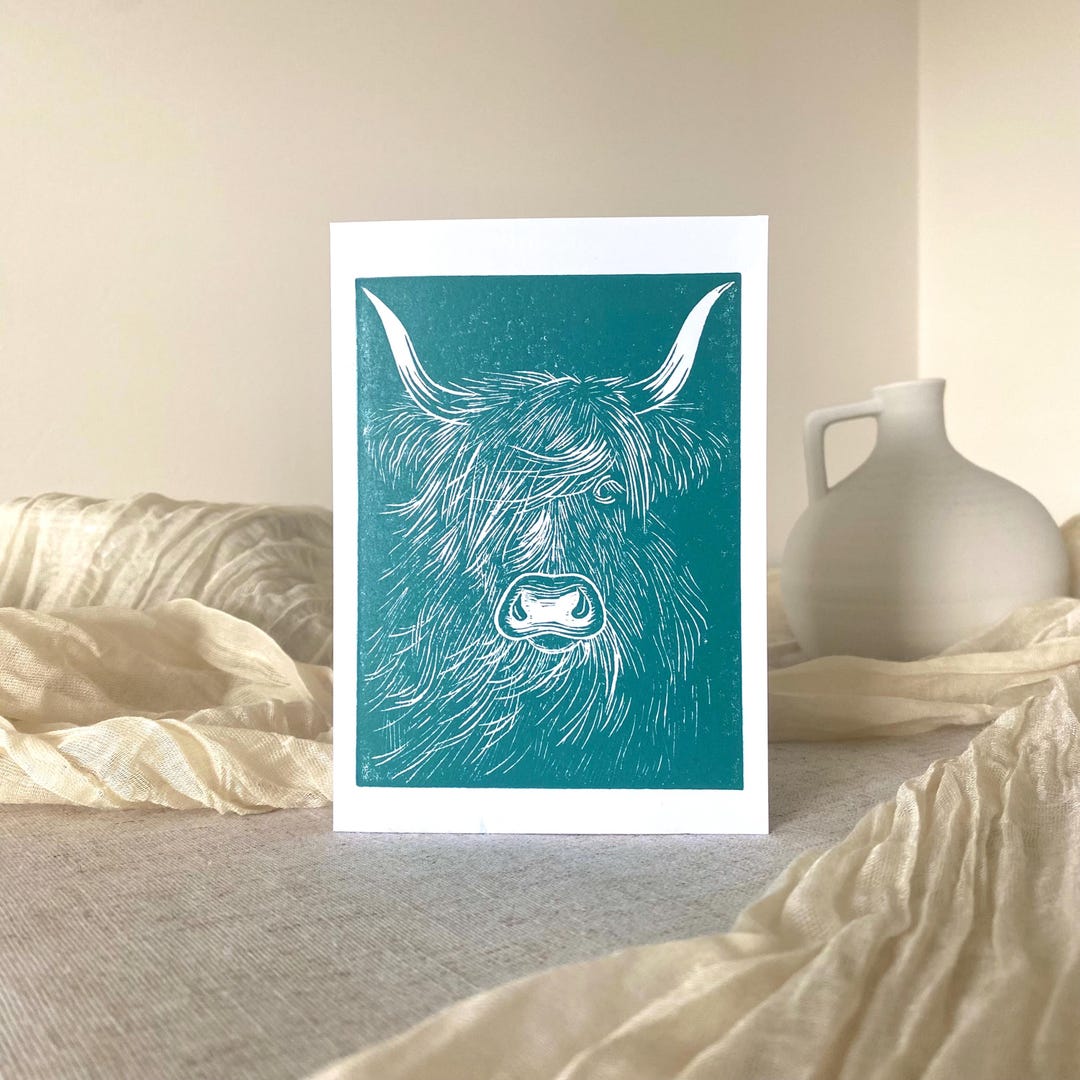 Highland Cow Lino Print Greetings Card, Original Hand Printed Linocut ...