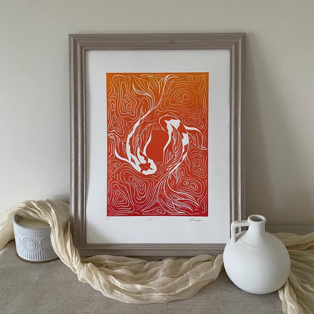 Koi Carp Swimming Lino Print, Hand Printed Original Linocut, Fish Print ...