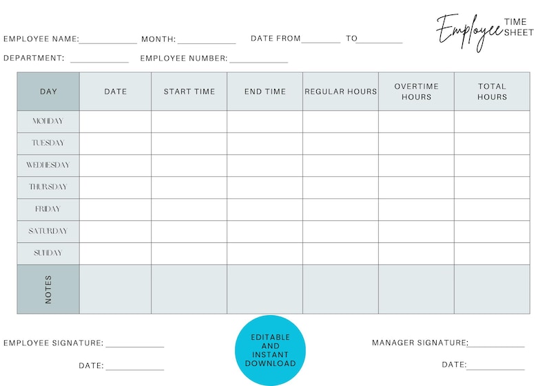 Employee Time Sheet, Editable Time Sheet, Timecard, Printable Timesheet, Timekeeping Sheet ...