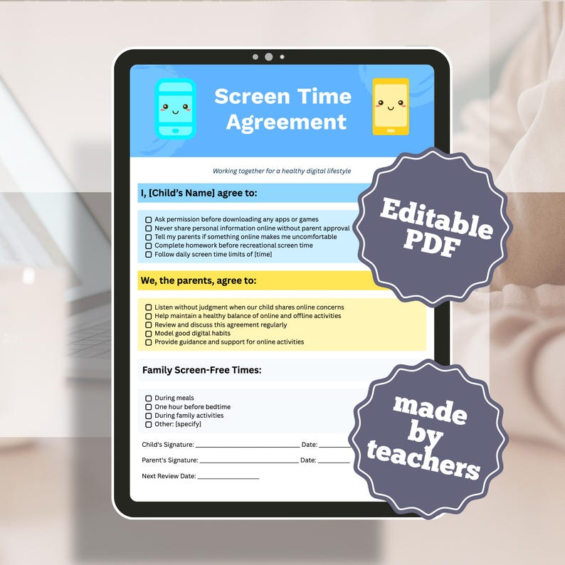 Screen Time Agreement for Kids, Editable Screen Time Agreement, Screen ...