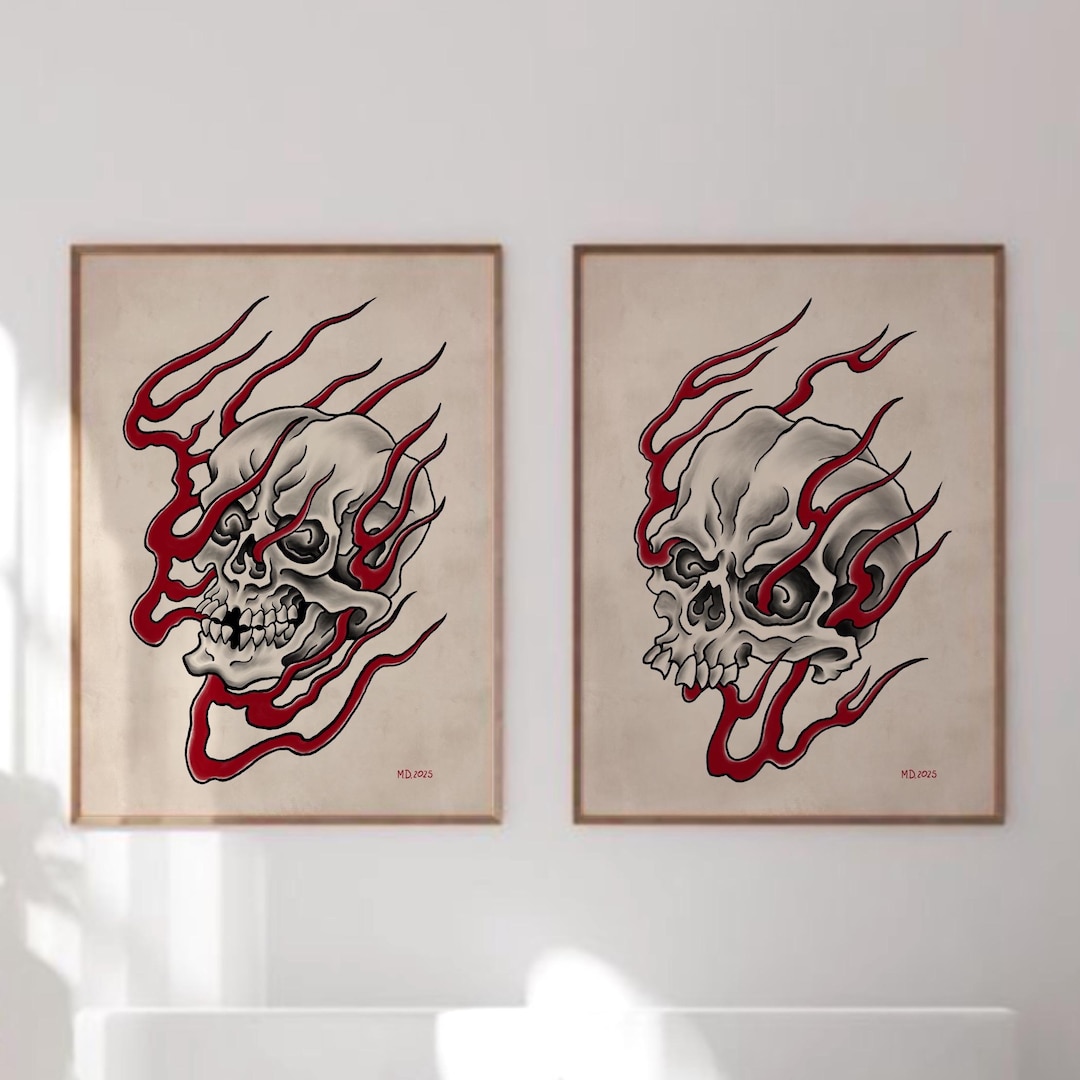 Set of 2 Flaming Skull Tattoo Style Prints – Gothic Skull Wall Art ...