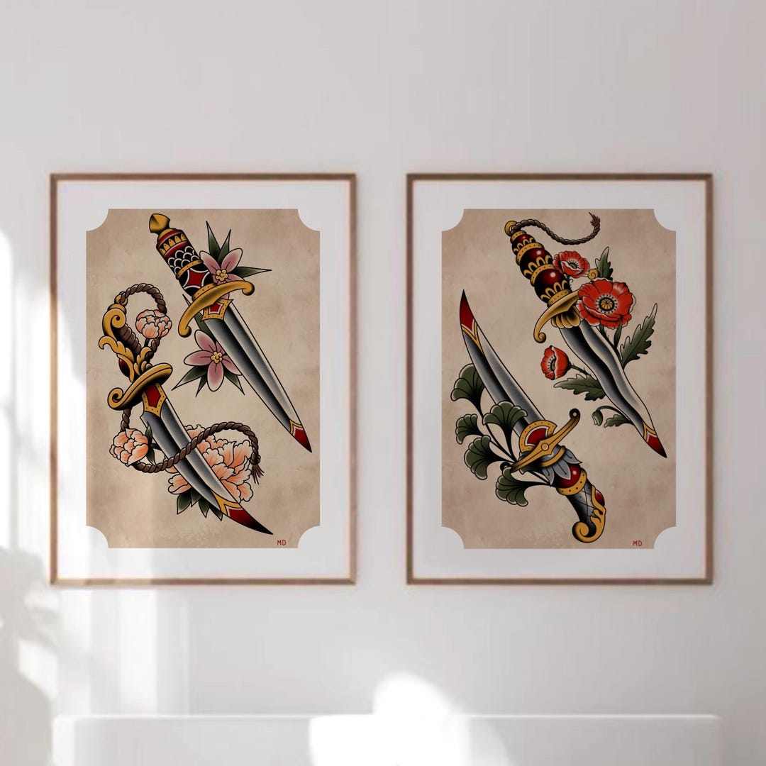 Set of Blades Traditional Print, Swords Art, Old School Dagger Flash ...
